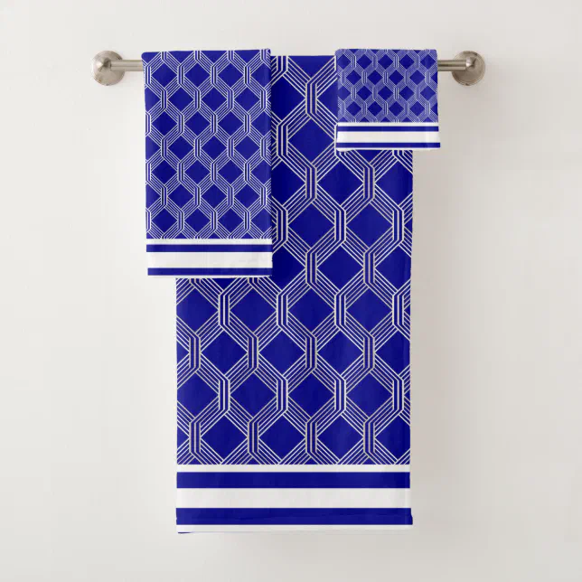 White Blue Geometric Pattern Bath Towel Set | Zazzle