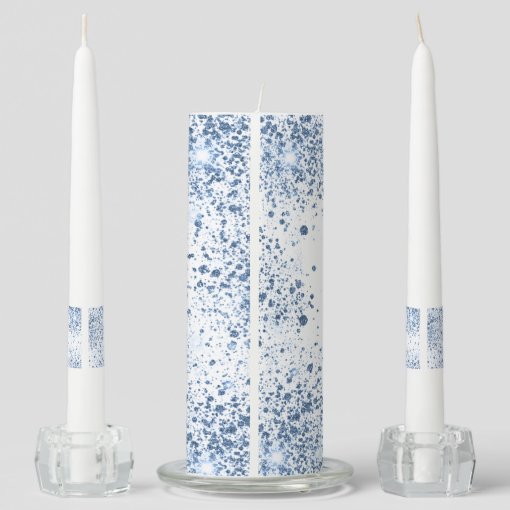 White blue glitter dust names winter wedding unity candle set | Zazzle