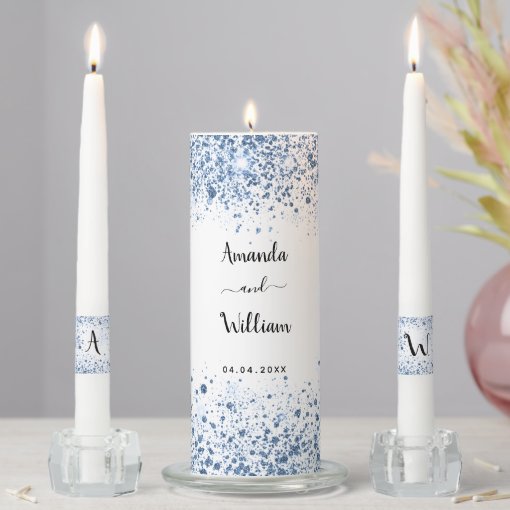 White blue glitter dust names winter wedding unity candle set | Zazzle