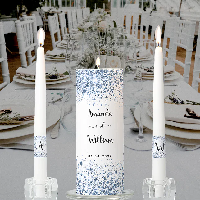 White blue glitter dust names winter wedding unity candle set | Zazzle