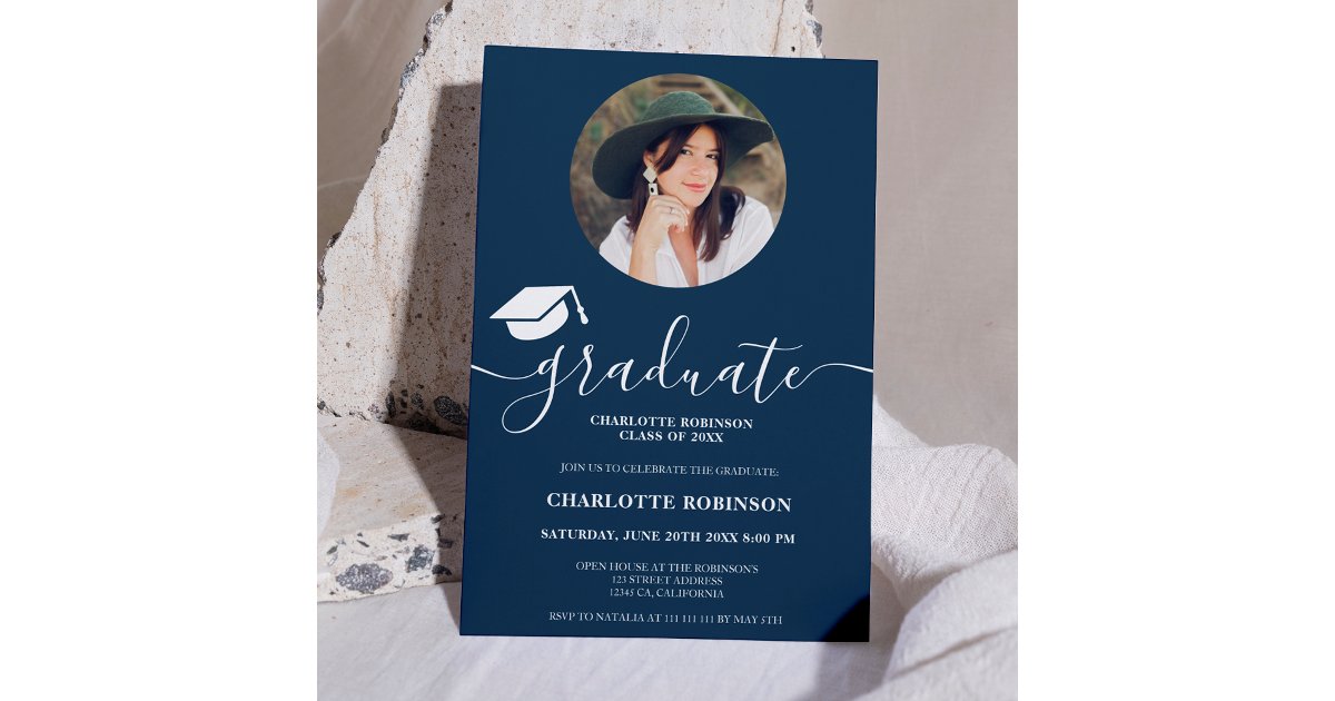 White blue graduate script photo graduation invitation | Zazzle