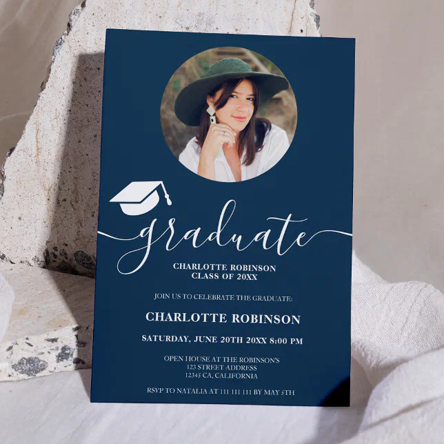White blue graduate script photo graduation invitation | Zazzle