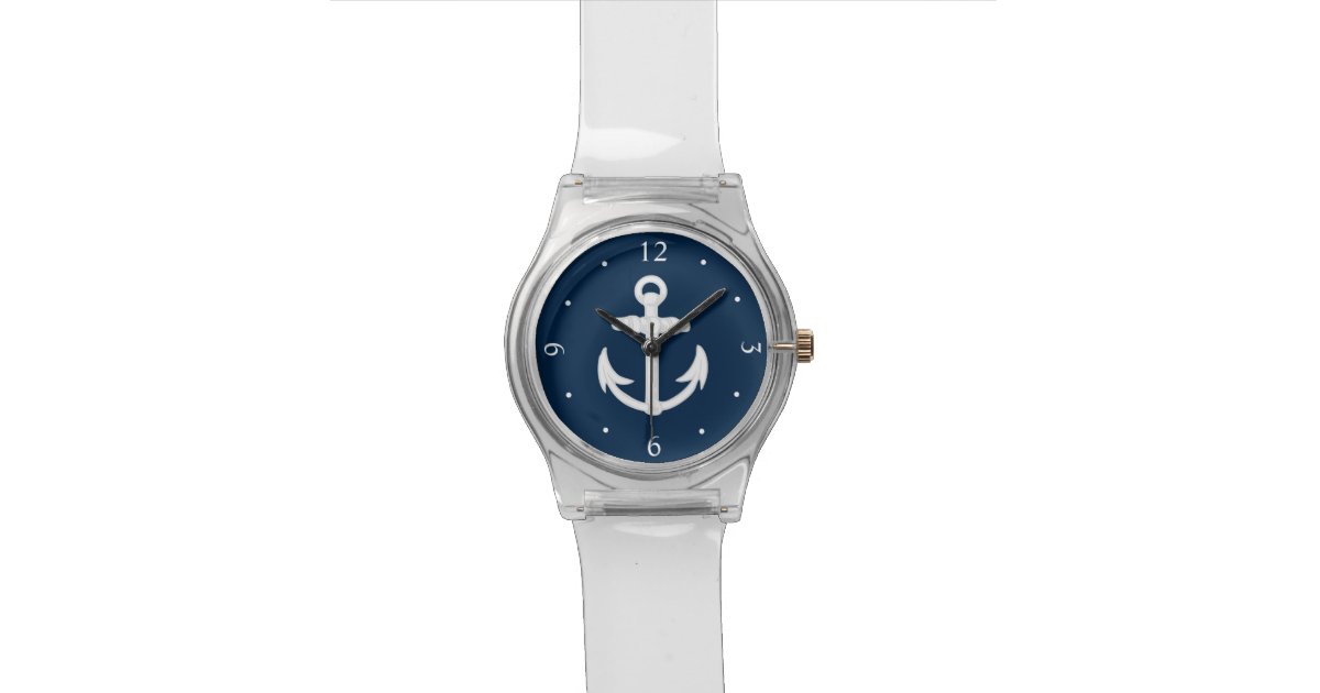 White/Blue Nautical Anchor Symbol Wristwatch | Zazzle