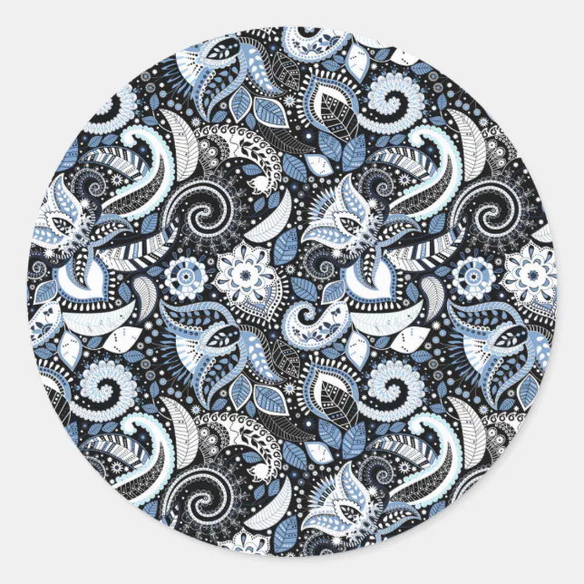 White & Blue Paisley Print Elegant Birthday Party Classic Round Sticker ...