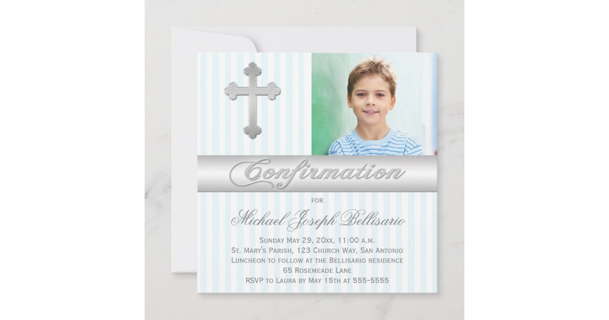 White Blue Stripes Confirmation Photo Invitation | Zazzle