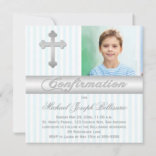 White Blue Stripes Confirmation Photo Invitation | Zazzle