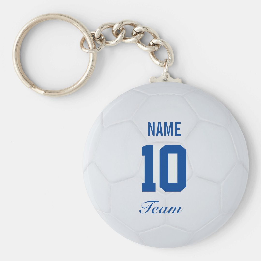 White Blue Team Soccer Ball Personalized Name Keychain | Zazzle