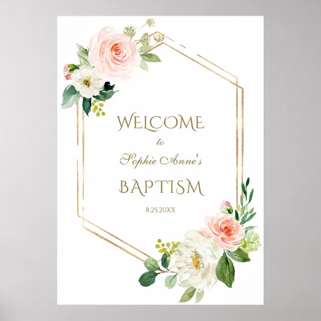 White Blush Floral Gold Frame Welcome Baptism Sign | Zazzle