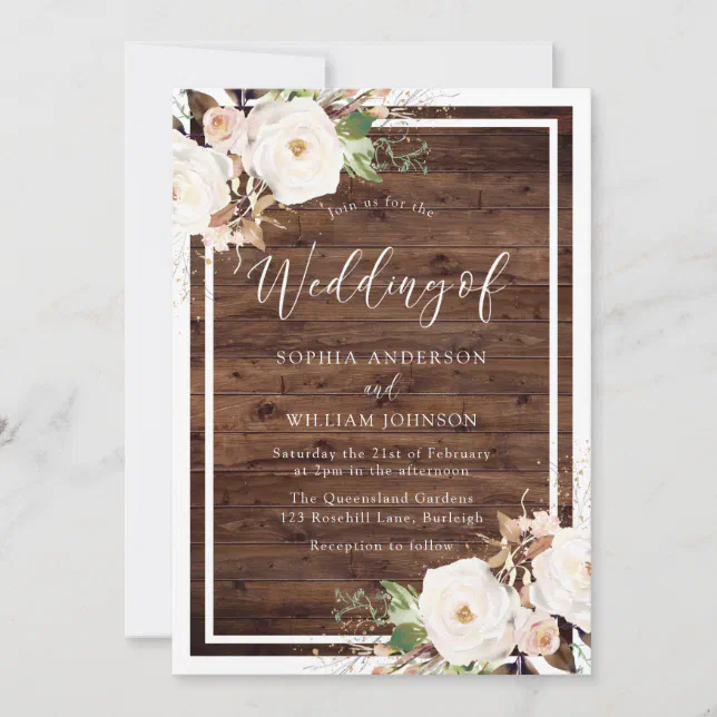 White & Blush Flowers Rustic Wood Wedding Invitation | Zazzle