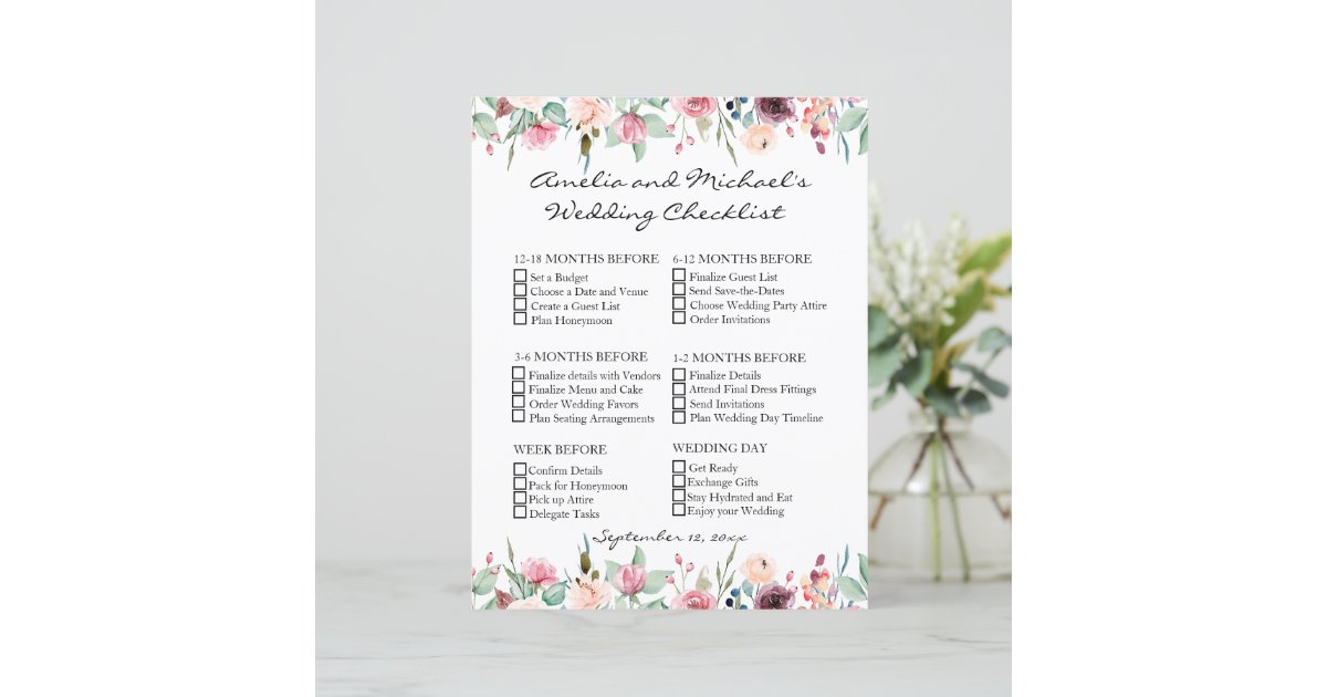 White Blush Rose Romance Wedding Checklist | Zazzle