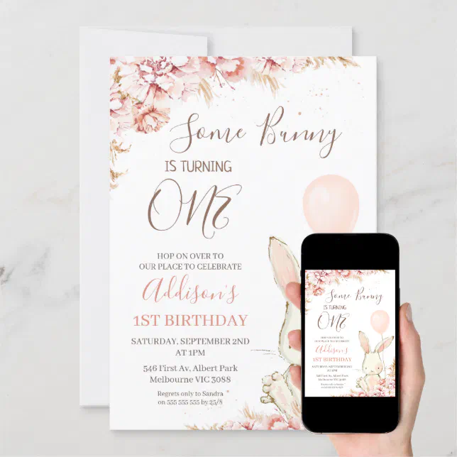 White Boho Bunny Balloon 1st Birthday Invitation Zazzle