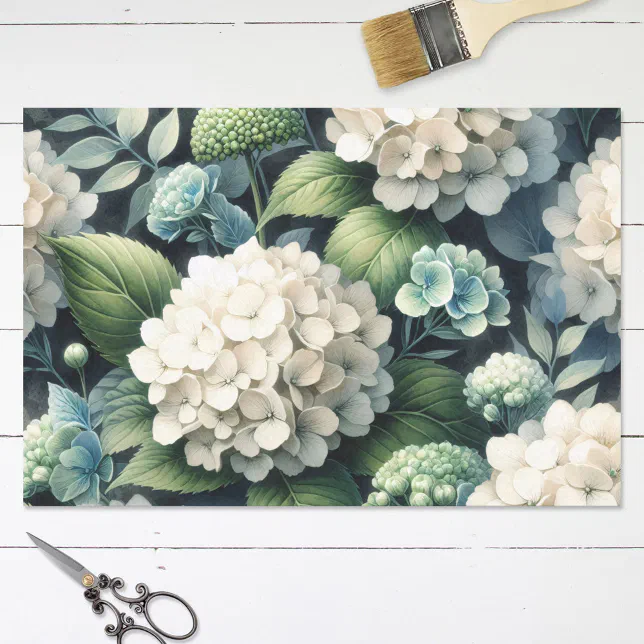 White Botanical Hydrangea Decoupage Tissue Paper | Zazzle