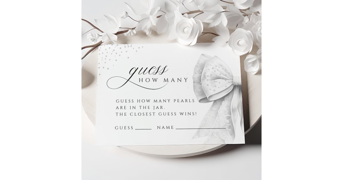 White Bow Pearls Guess How Many Bridal Shower Card | Zazzle
