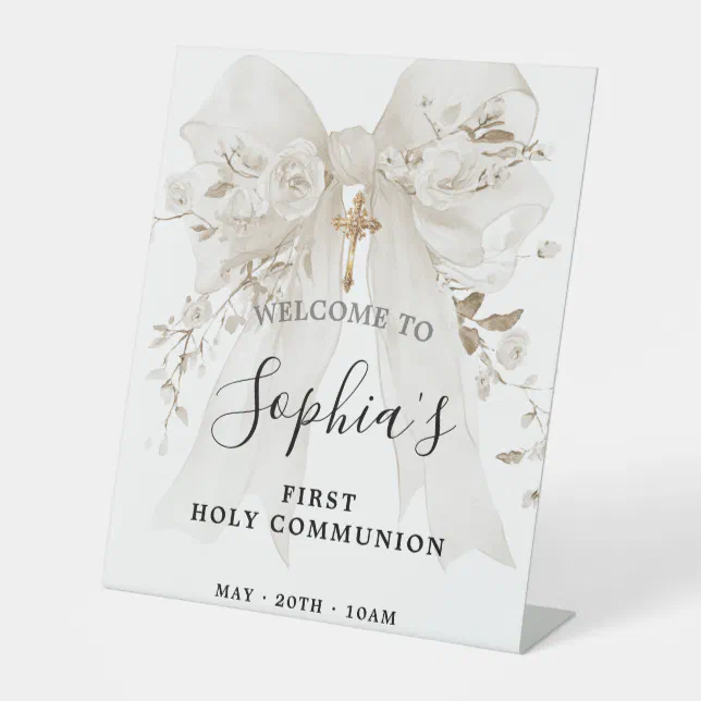 White Bow Rose Floral Girl First Communion Pedestal Sign | Zazzle