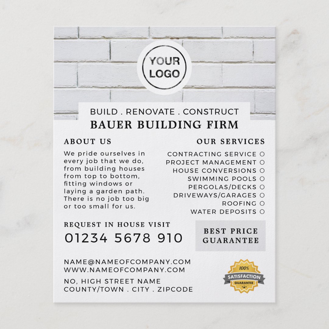 White Brick Wall, Building Firm, Builders Advert Flyer | Zazzle