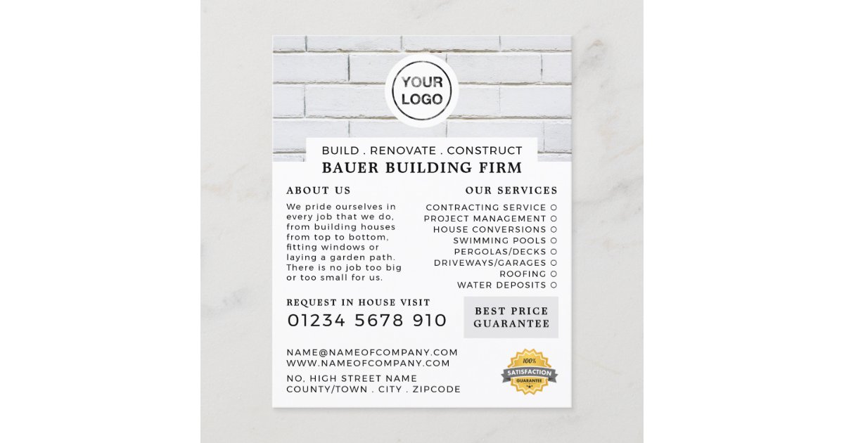 White Brick Wall, Building Firm, Builders Advert Flyer | Zazzle