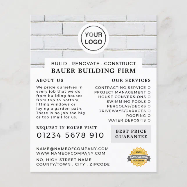 White Brick Wall, Building Firm, Builders Advert Flyer | Zazzle