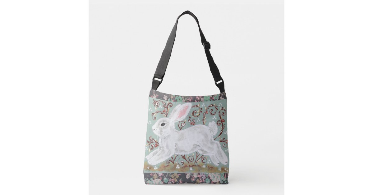 White Bunny Rabbit Floral Aqua Cross Body Tote Bag | Zazzle