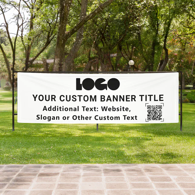 White Business Logo Company QR code Outdoor 2,5x8 Banner | Zazzle