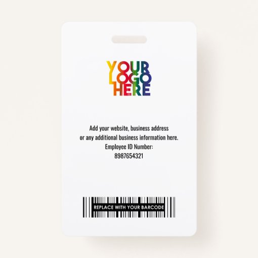White Business Logo Custom Employee Barcode Name Badge | Zazzle