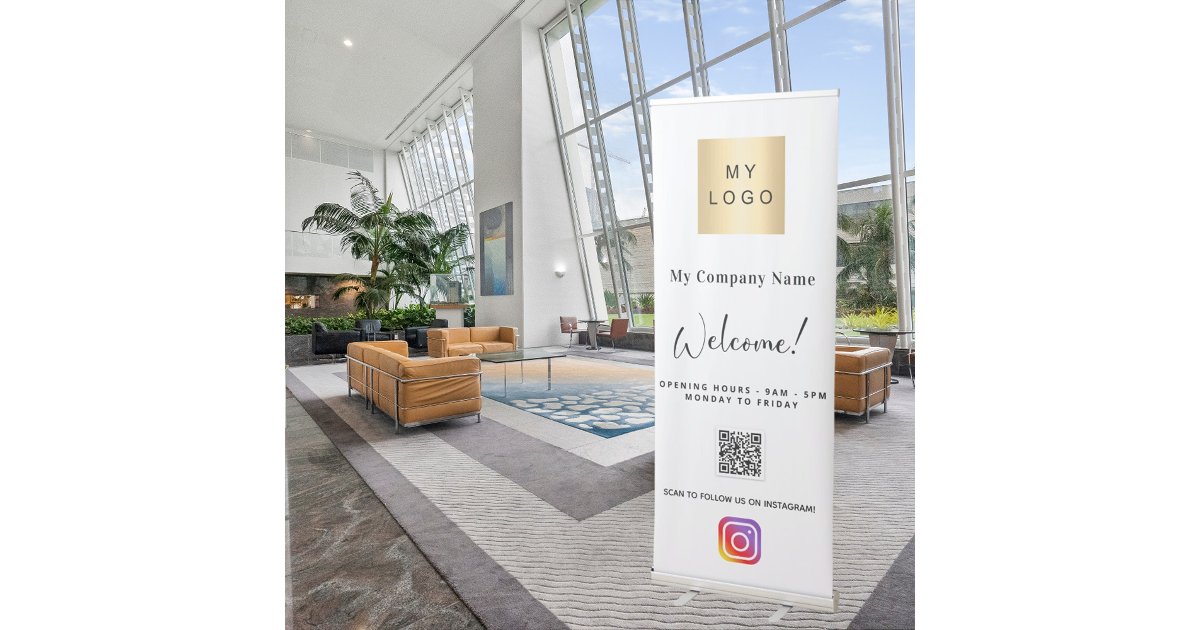 White business logo opening hours QR Instagram Retractable Banner | Zazzle