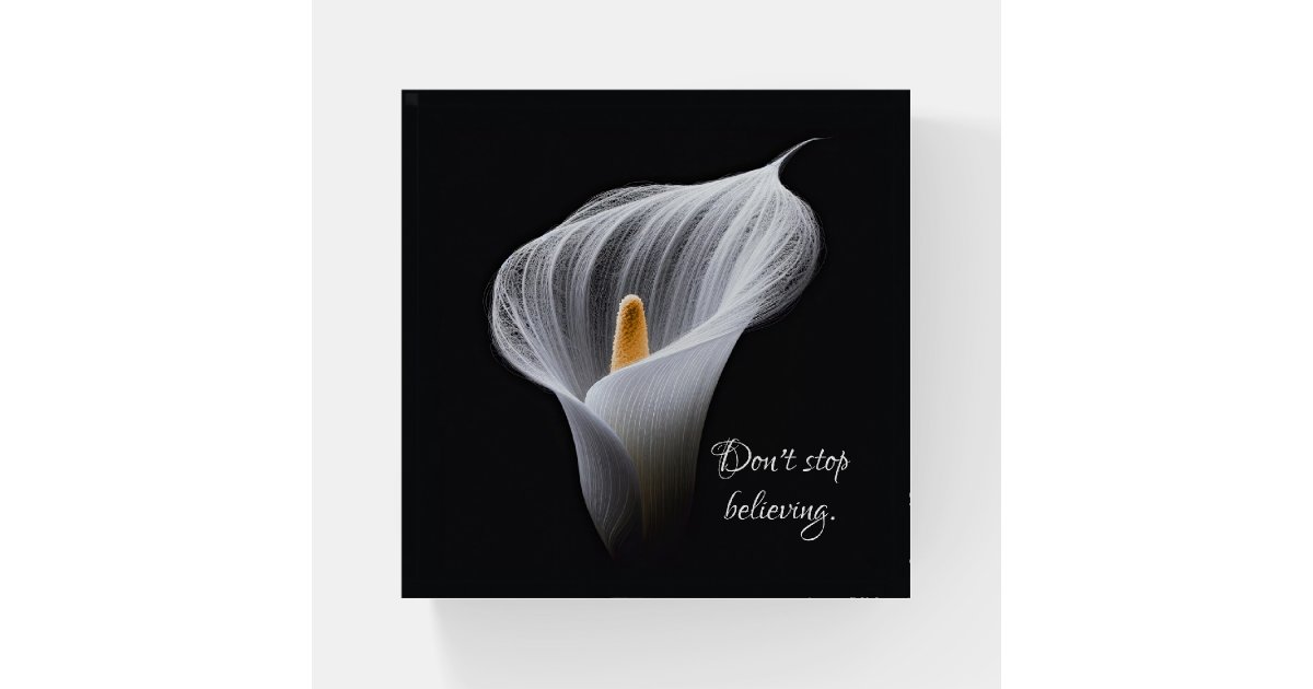 White Calla Lily On Black With Quote Paperweight | Zazzle