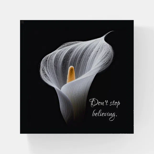 White Calla Lily On Black With Quote Paperweight | Zazzle