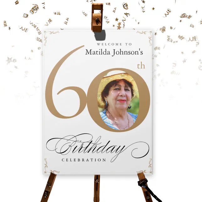 White Calligraphy 60th Birthday Gold Welcome Sign | Zazzle