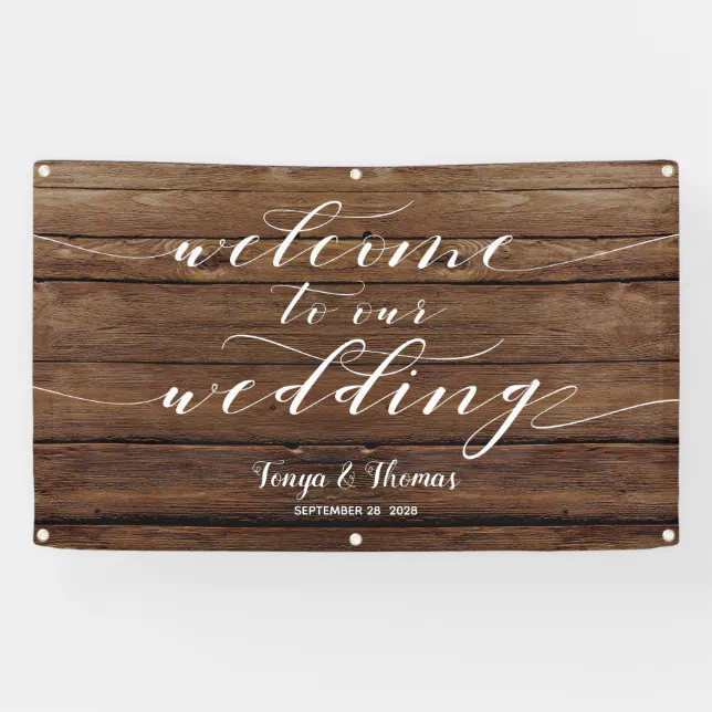 White Calligraphy Rustic Barn Wood Welcome Wedding Banner | Zazzle