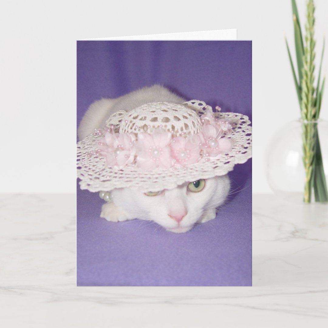 White Cat in Bonnet Holiday Card | Zazzle