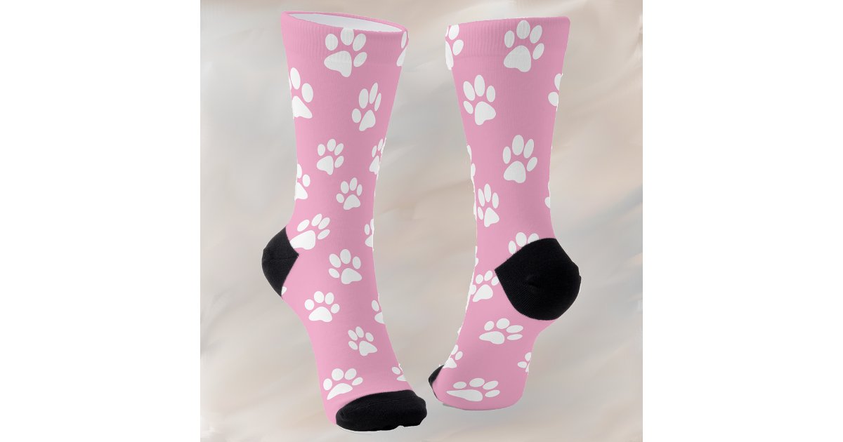 White cat paw prints pink crew socks | Zazzle