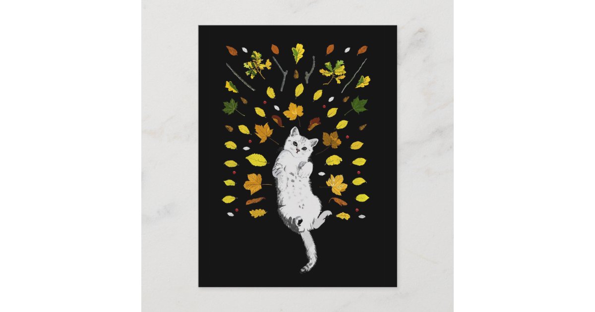 White cat with fall leaves illustration postcard | Zazzle