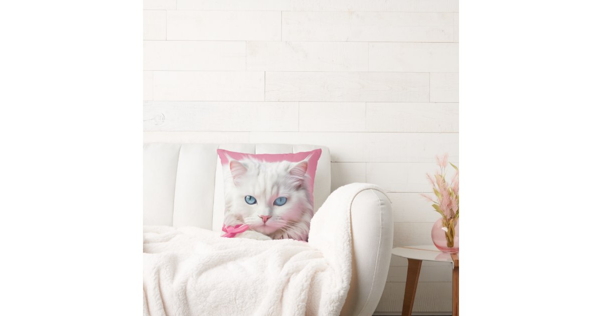 White Cat With Pink Ribbons Throw Pillow | Zazzle