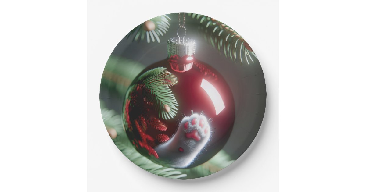 White Cat's Paw Reflection In Red Ornament Paper Plates | Zazzle