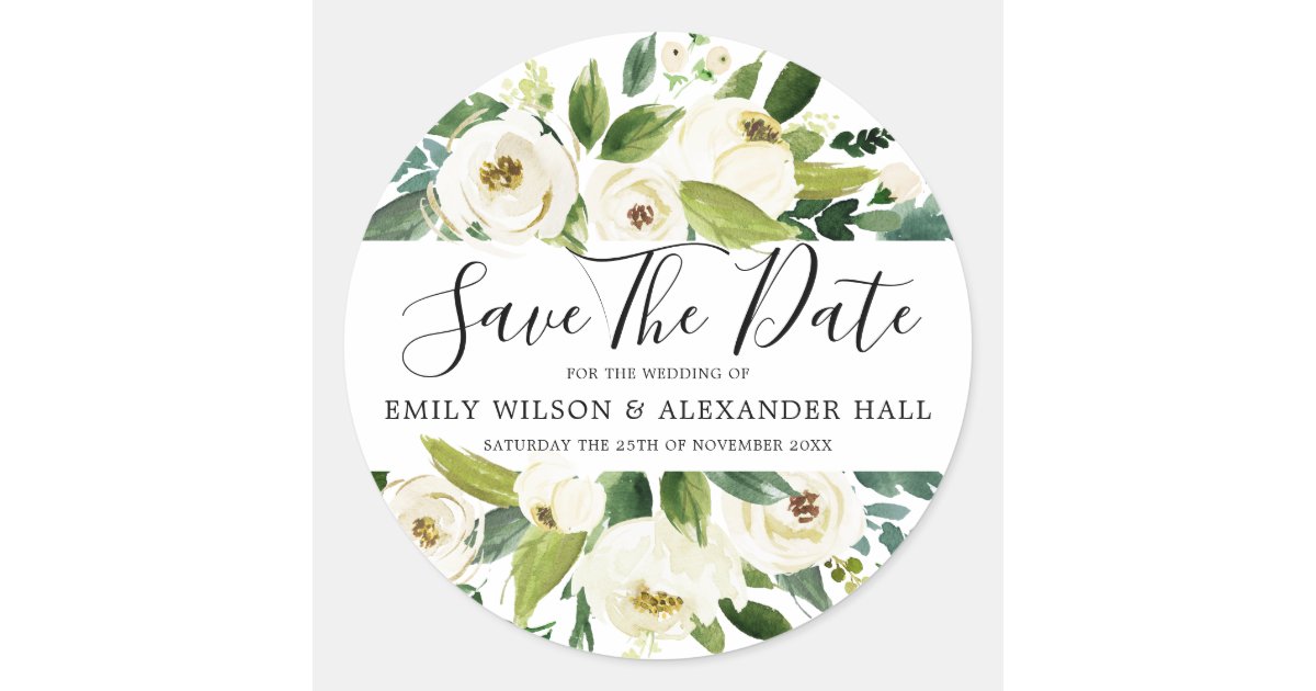 White Champagne Floral Wedding Save The Date Classic Round Sticker | Zazzle