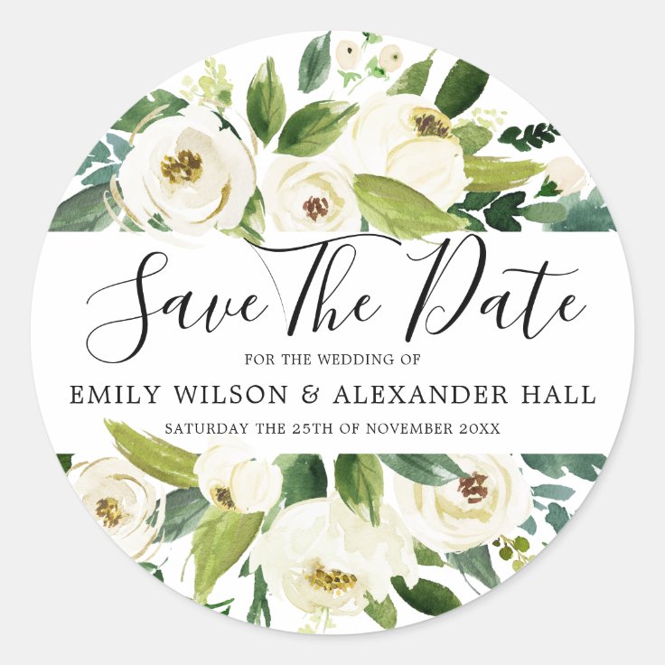 White Champagne Floral Wedding Save The Date Classic Round Sticker | Zazzle
