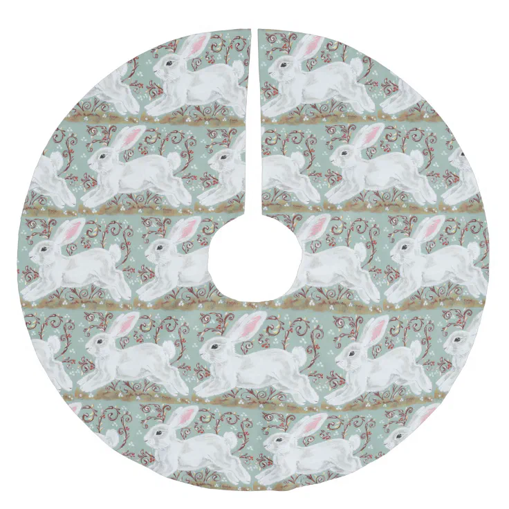 White Christmas Bunny Rabbit Soft Green Tree Skirt | Zazzle
