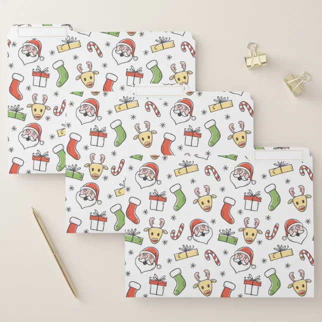 White Christmas Happy Santa and Reindeer Pattern File Folder | Zazzle