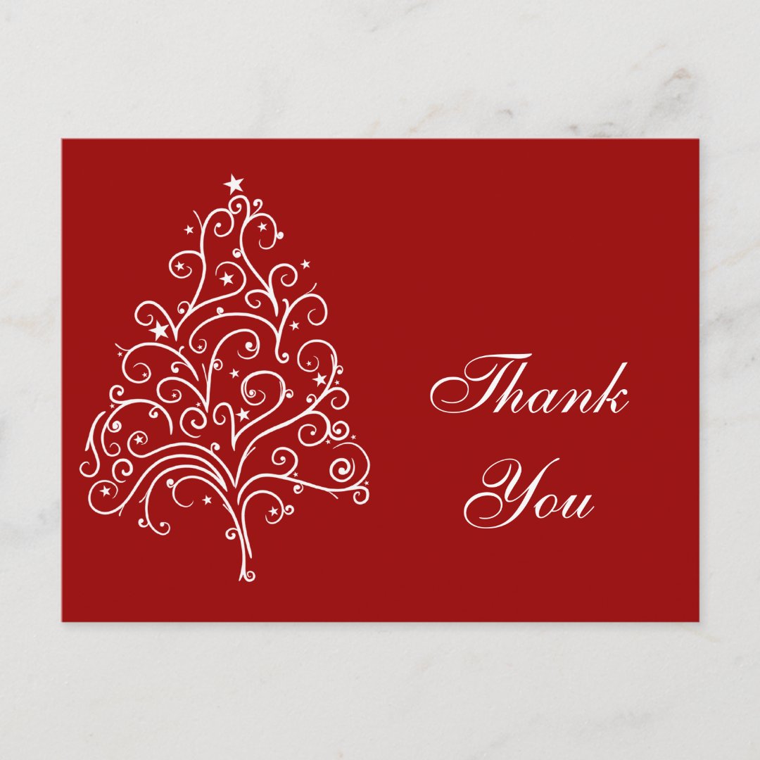 White Christmas Tree on Red Thank You Postcard | Zazzle