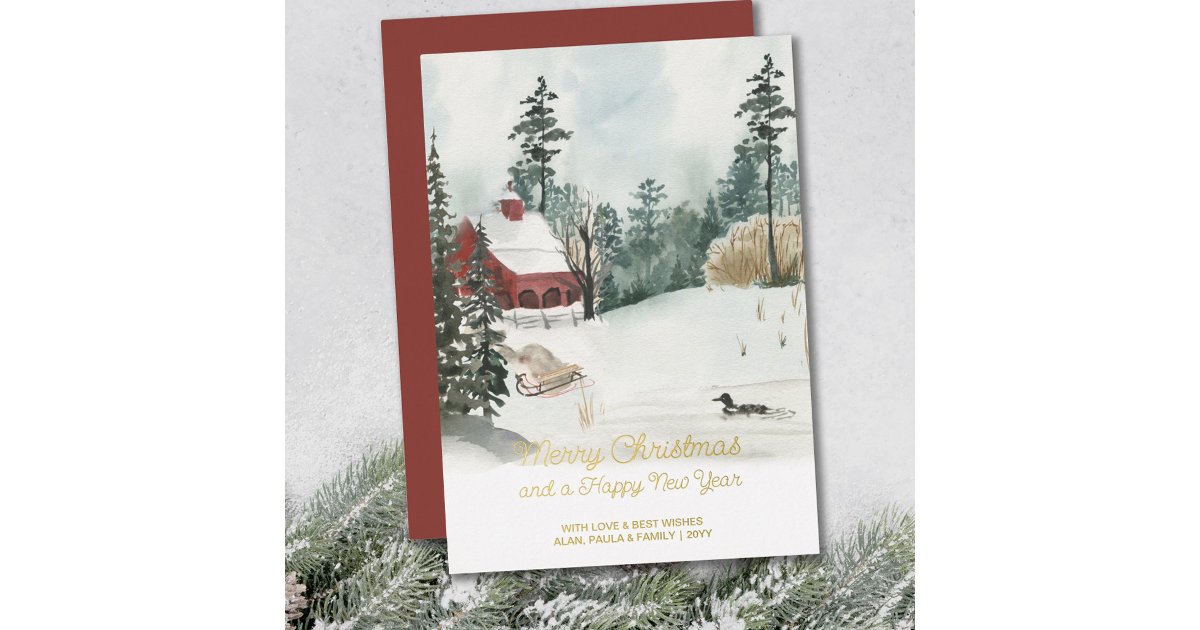 White Christmas Watercolor Winter Landscape Gold Foil Holiday Card | Zazzle