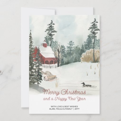 White Christmas Watercolor Winter Landscape Holiday Card | Zazzle