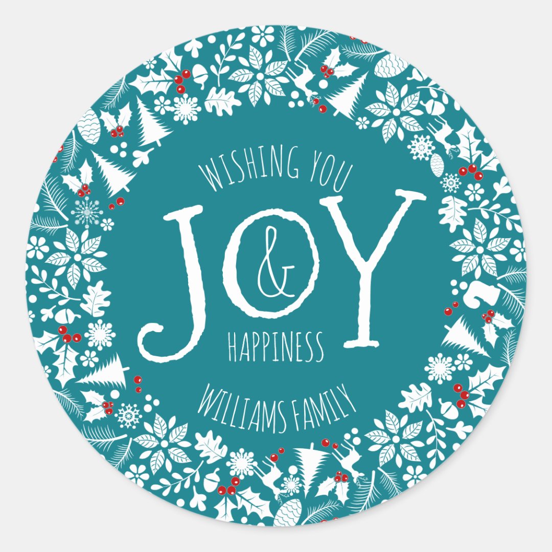 White Christmas Wreath Joy Text Template Classic Round Sticker | Zazzle