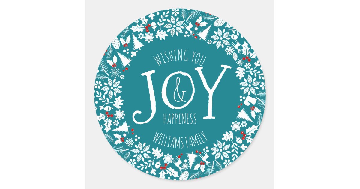 White Christmas Wreath Joy Text Template Classic Round Sticker | Zazzle