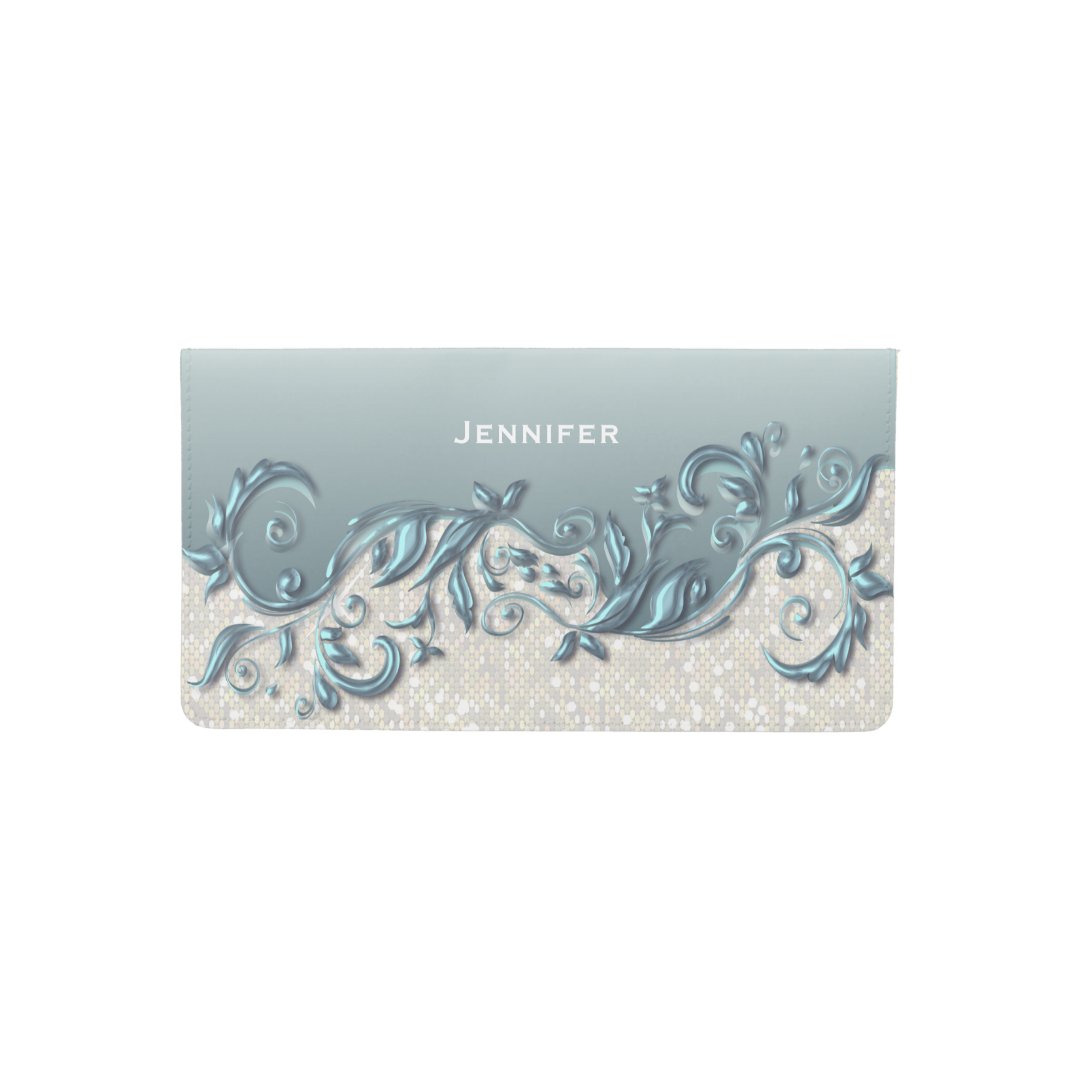 White Confetti Glitter & Blue Metallic Checkbook Cover | Zazzle