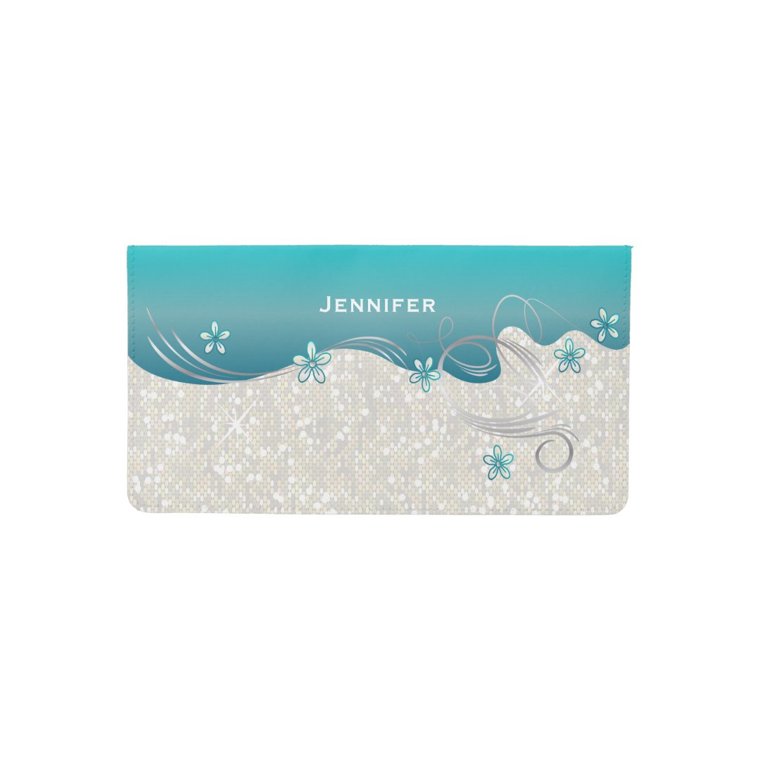 White Confetti Glitter & Turquoise Floral Swirl Checkbook Cover | Zazzle