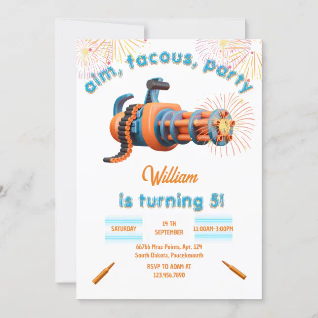 White Cool Nerf Wars Party Top Gun 5th Birthday Invitation | Zazzle