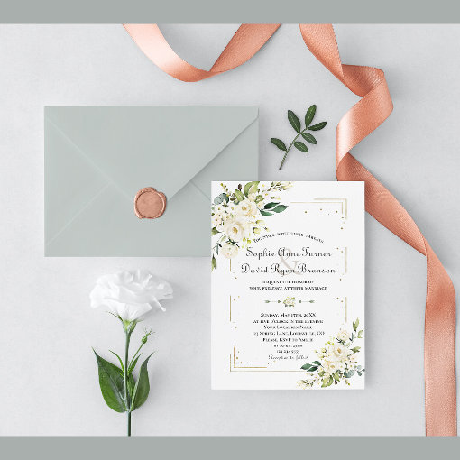 White Cream Flowers Gold Glitter Frame Wedding Invitation | Zazzle