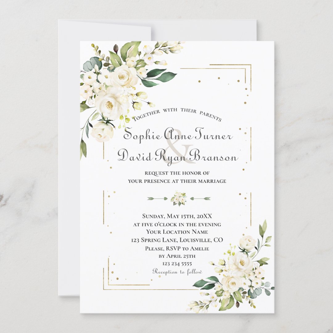 White Cream Flowers Gold Glitter Frame Wedding Invitation | Zazzle