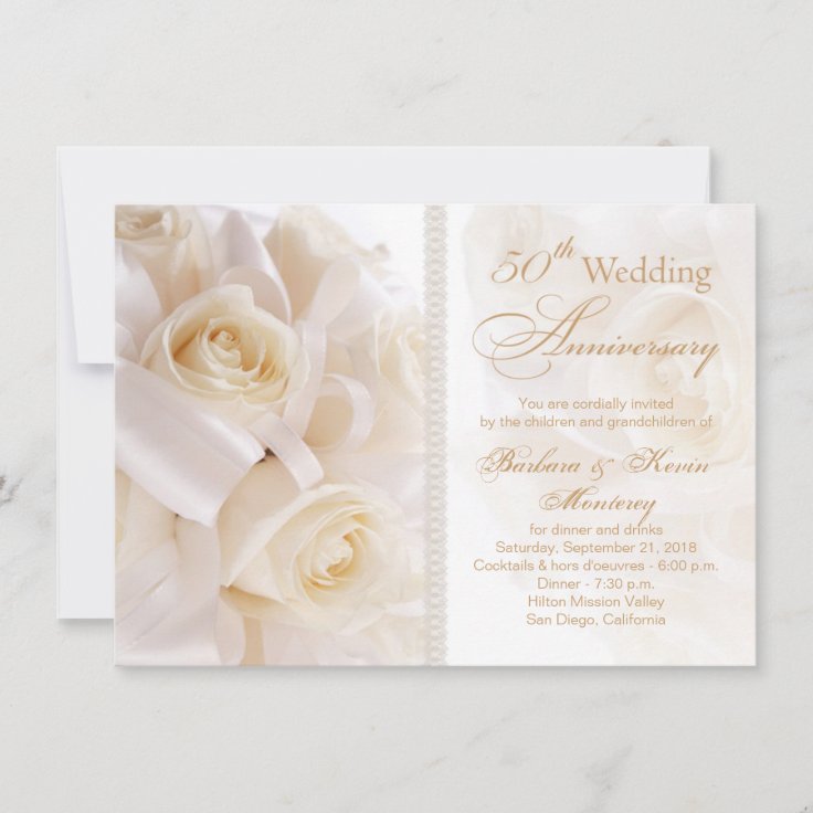 White cream roses 50th Wedding Anniversary Invitation | Zazzle