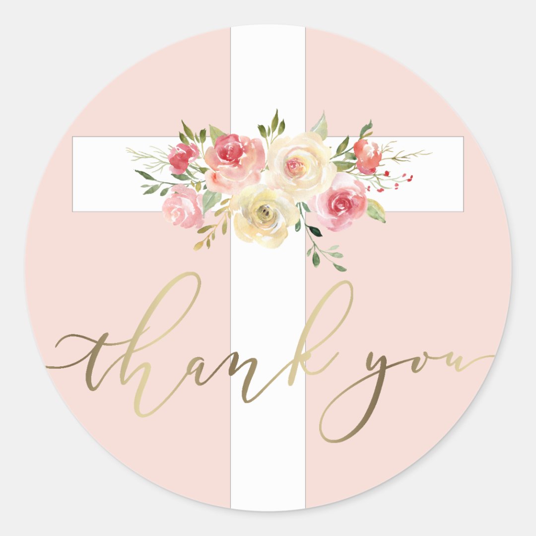 white cross floral Thank You Classic Round Sticker | Zazzle